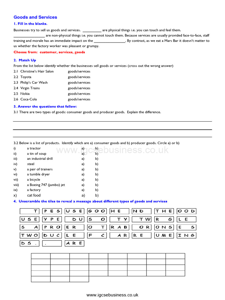 Goods and Services Work Sheet | PDF | Secondary Sector Of The Economy
