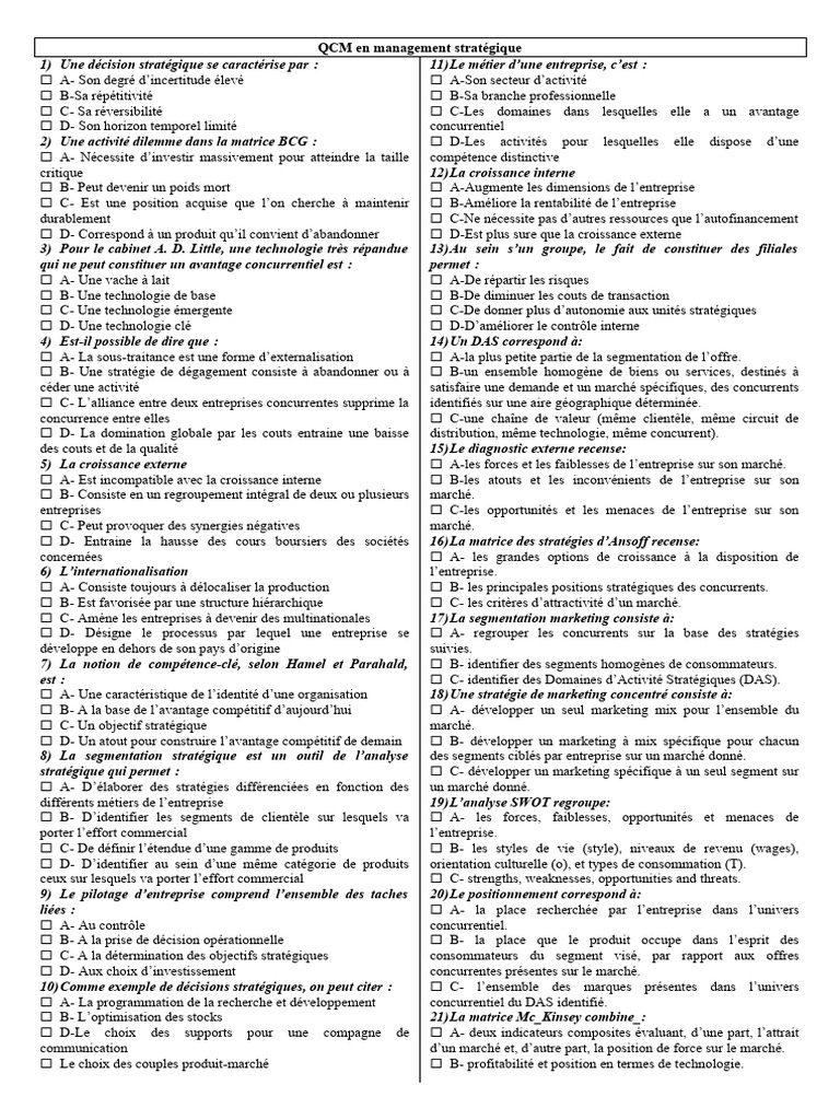 QCM sur le management stratégique | PDF | Gestion stratégique ...