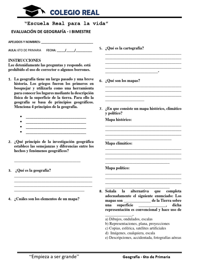 Examen I Bimestre 6to Primaria | PDF | Mapa | Science