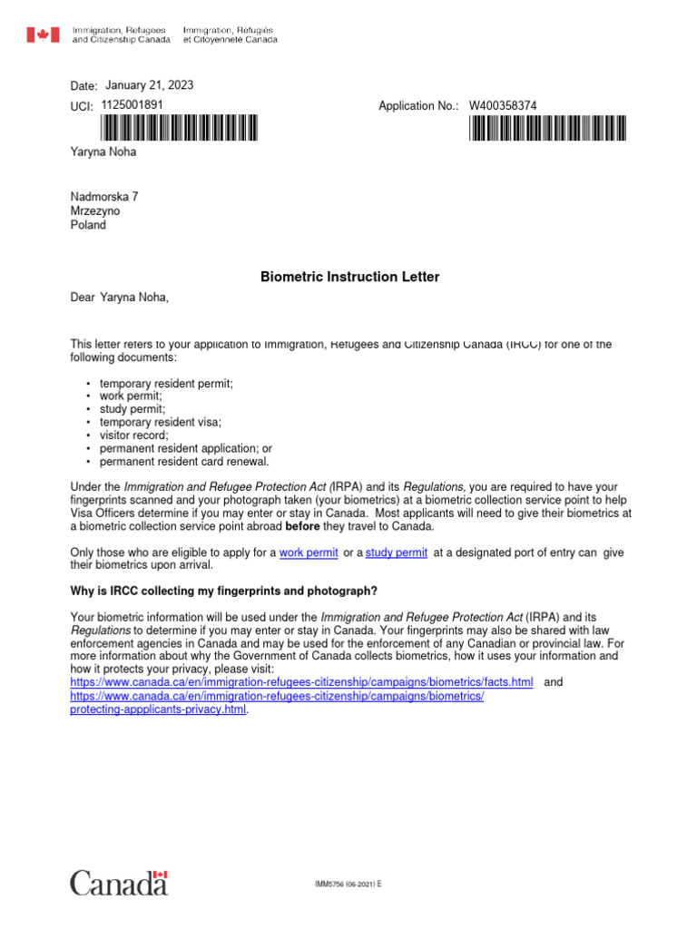 Biometric Instruction Letter: Study Permit Work Permit | PDF | Human ...