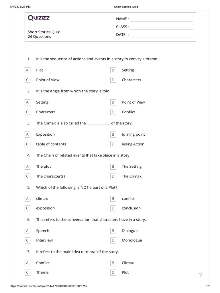 Short Stories Quiz With ANSWERS | Download Free PDF | Plot (Narrative)
