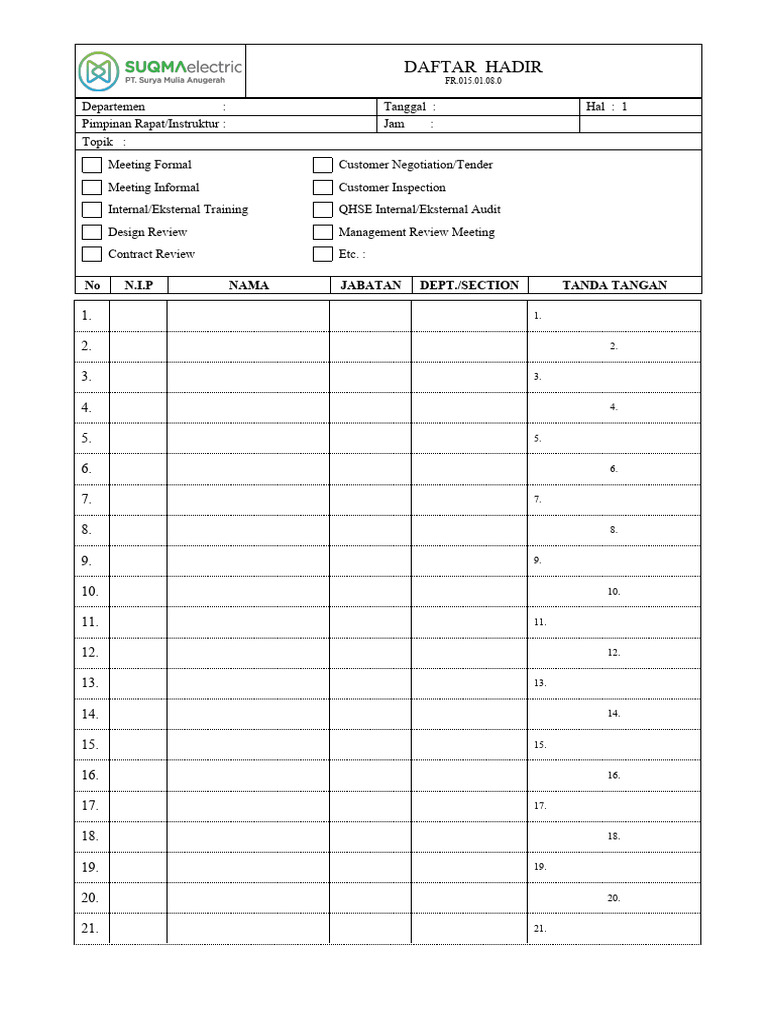 Form Daftar Hadir SMA - New | PDF