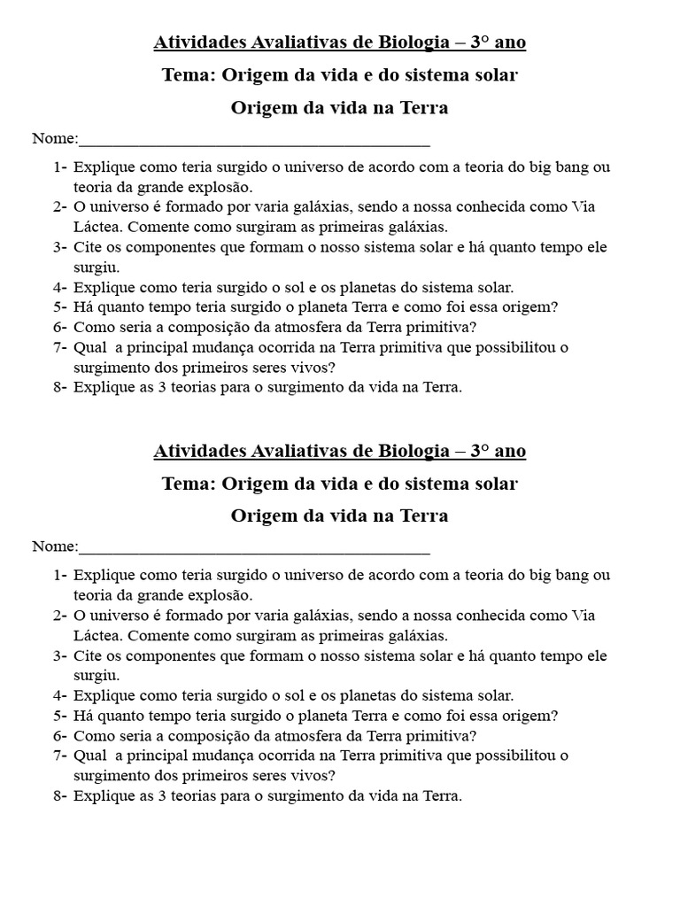 Atividades-Origem Da Vida | PDF Atividades-Origem Da Vida | PDF