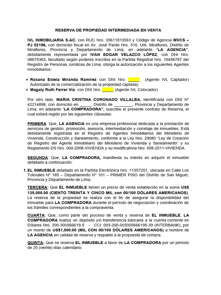 Modelo RESERVA DE PROPIEDAD INTERMEDIADA EN VENTA Magaly | PDF | Bancos ...