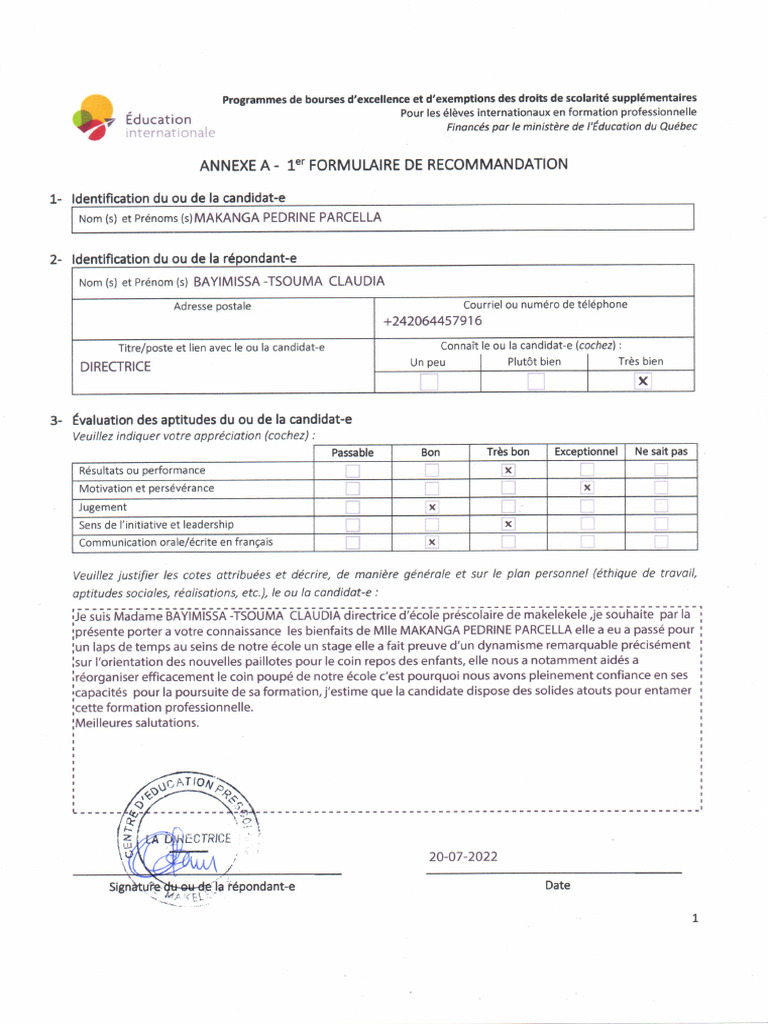 Formamulaire de Recommandation CHRISTIAN | PDF