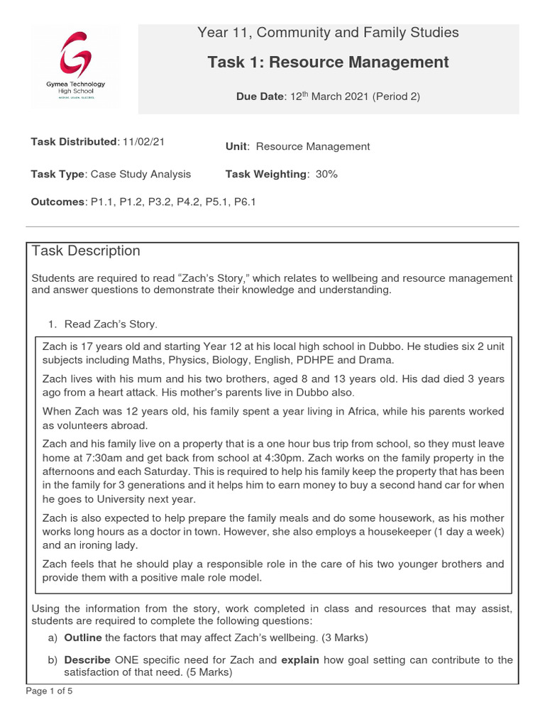 2021-Year-11-CAFS-Resource-management Assessment | PDF | Well Being | Goal