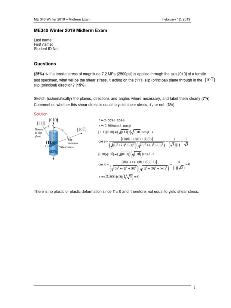 ME340 Winter 2019 Midterm Exam Solution | PDF