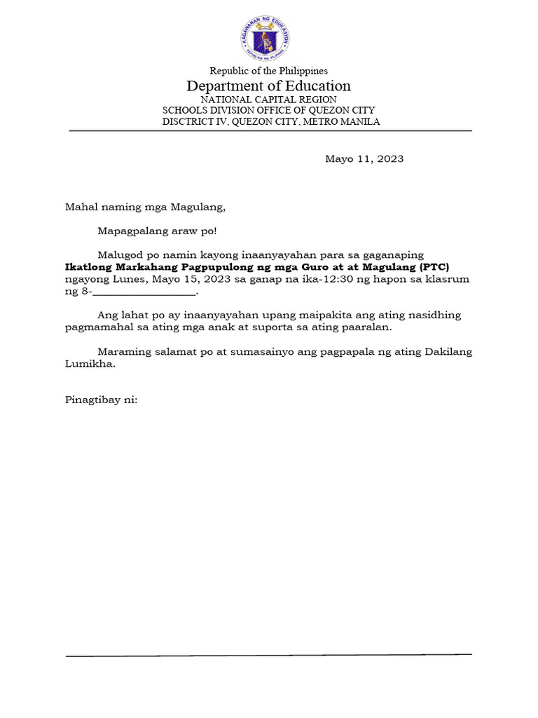 Parent Teacher Conference Letter | PDF