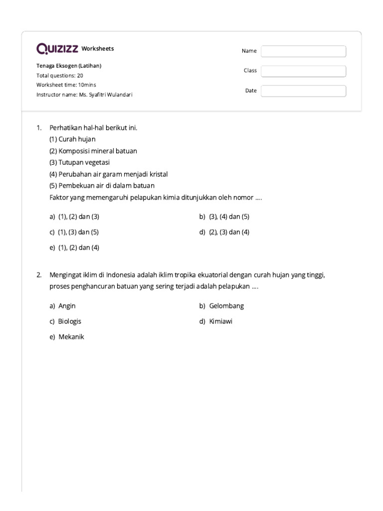 Tenaga Eksogen (Latihan) - Quizizz | PDF