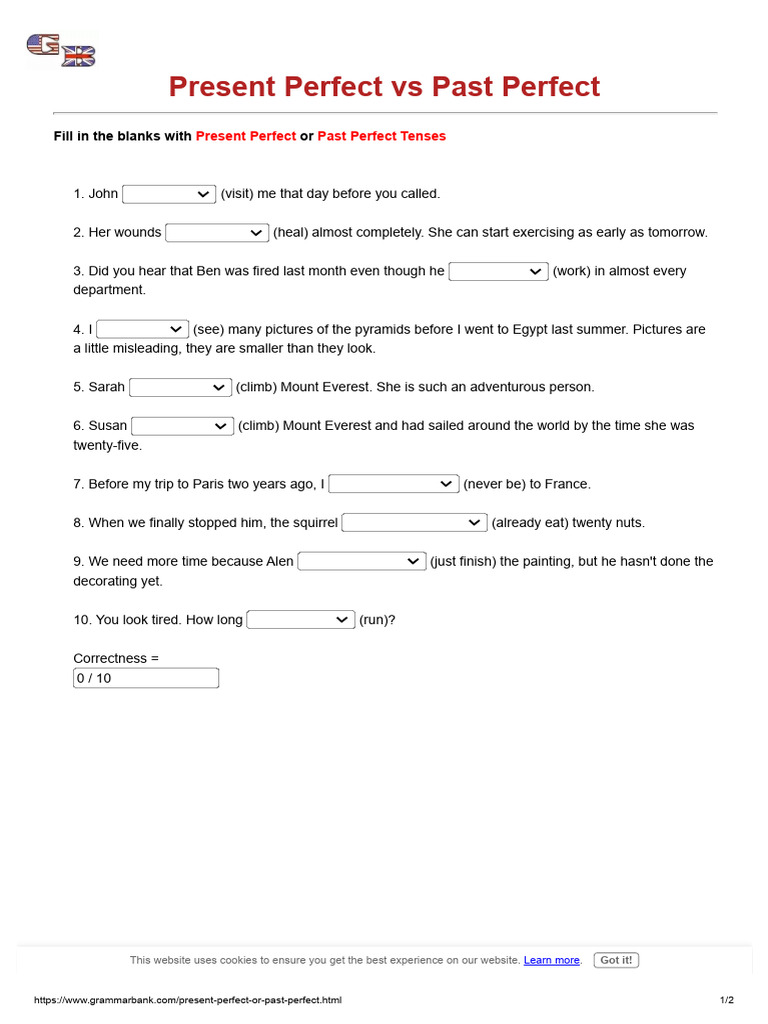 Present Perfect Vs Past Perfect Exercise | PDF
