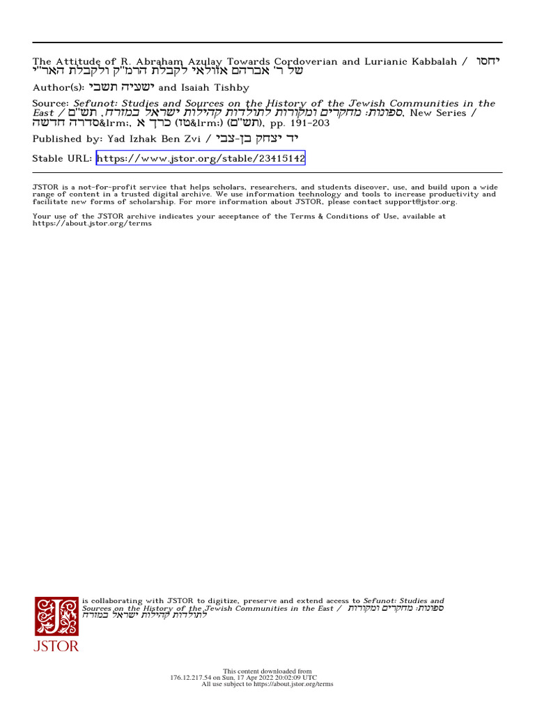 The Attitude of R. Abraham Azulay Towards Cordoverian and Lurianic ...