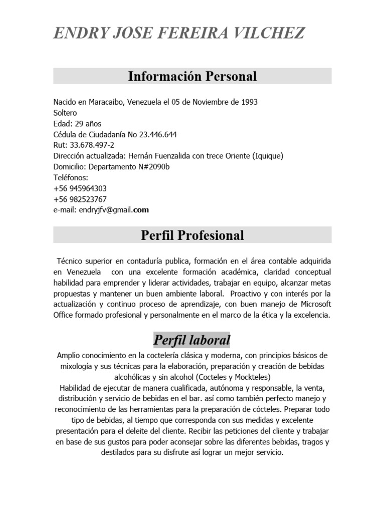 Perfil Profesional de Endry Fereira | PDF | Cocina, comidas y vino