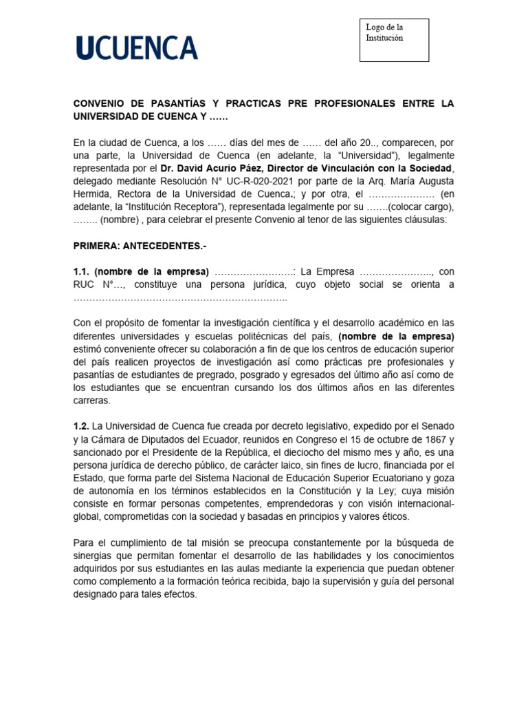 UCUENCA - Modelo-Convenio-de-Pasantias-y-Prac-ticas-Pre-Profesionales Revisado | PDF | Educación ...