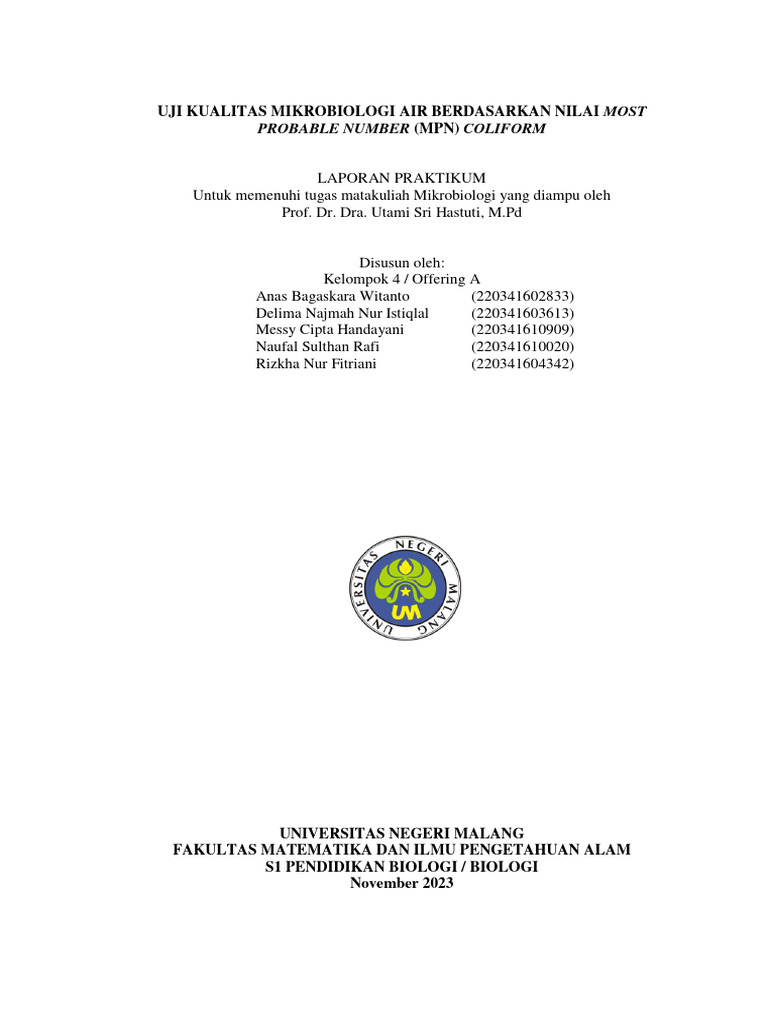 Laporan Praktikum - Uji Kualitas Air Berdasarkan Nilai Most Probable Number (MPN) Coliform | PDF