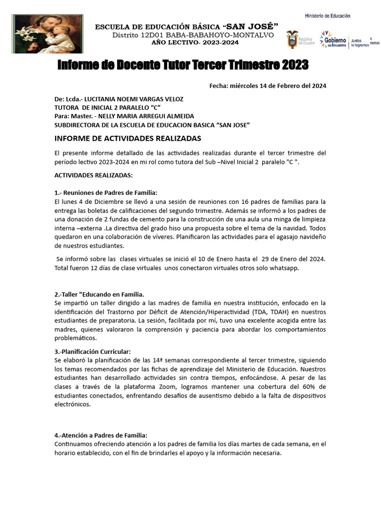 Informe Del Tercer Trimestre 2024 Lucy | PDF | Educación primaria ...
