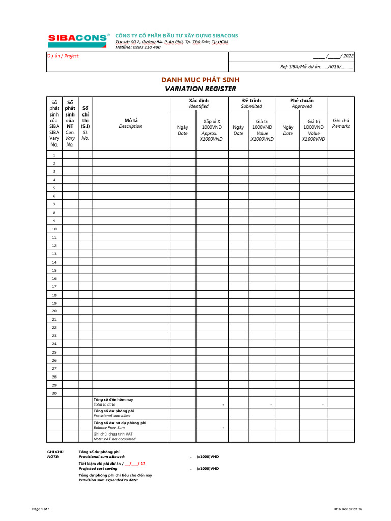 I016 - Danh Muc Thay Doi - Variation Register | PDF