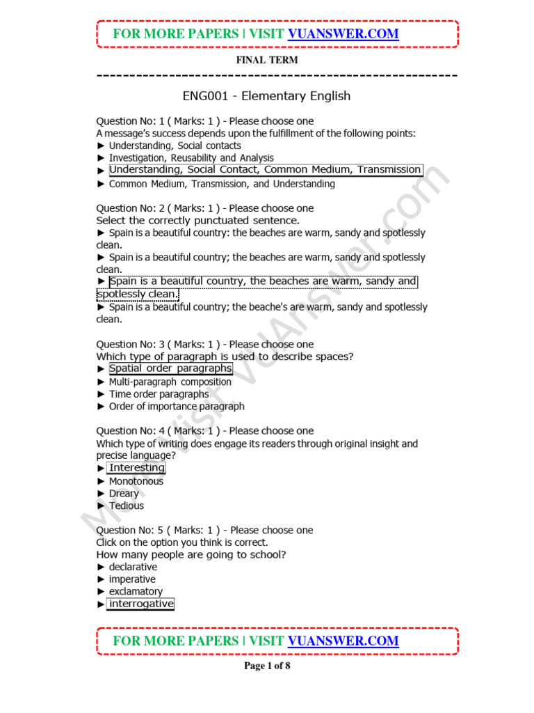 ENG001 Elementary English Solved Final Term Paper 01 | PDF | Grammar ... ENG001 Elementary English Solved Final Term Paper 01 | PDF | Grammar ...