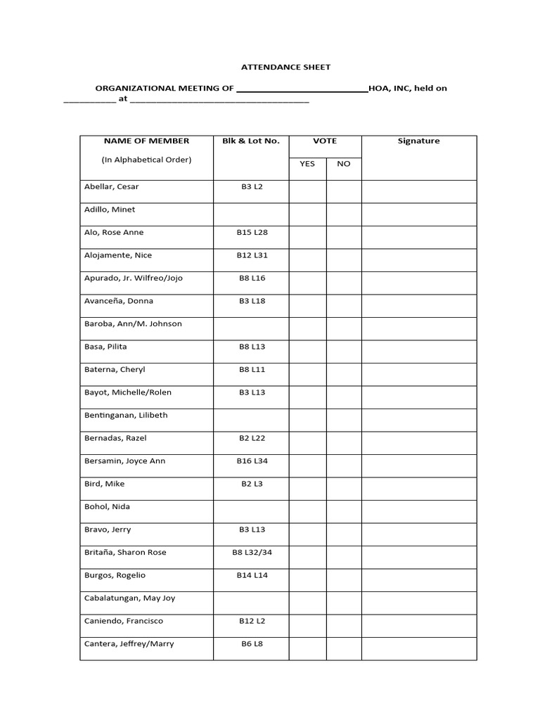 HOA Meeting Attendance Sheet | PDF