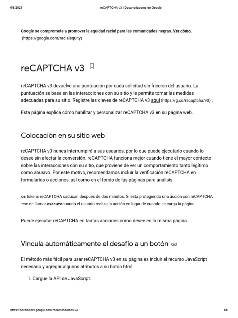 ReCAPTCHA v3 - Desarrolladores de Google | PDF | Script Java | Desarrollo de software