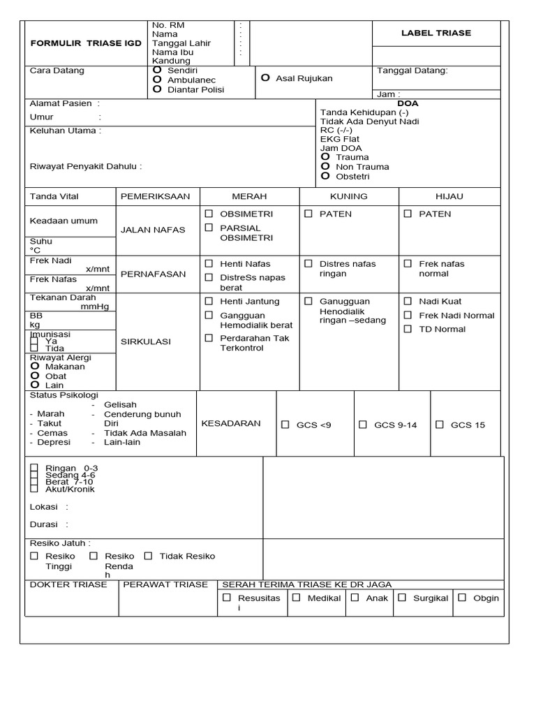 Format Skrining Triase Tindakan (IGD) Hitam Putih | PDF