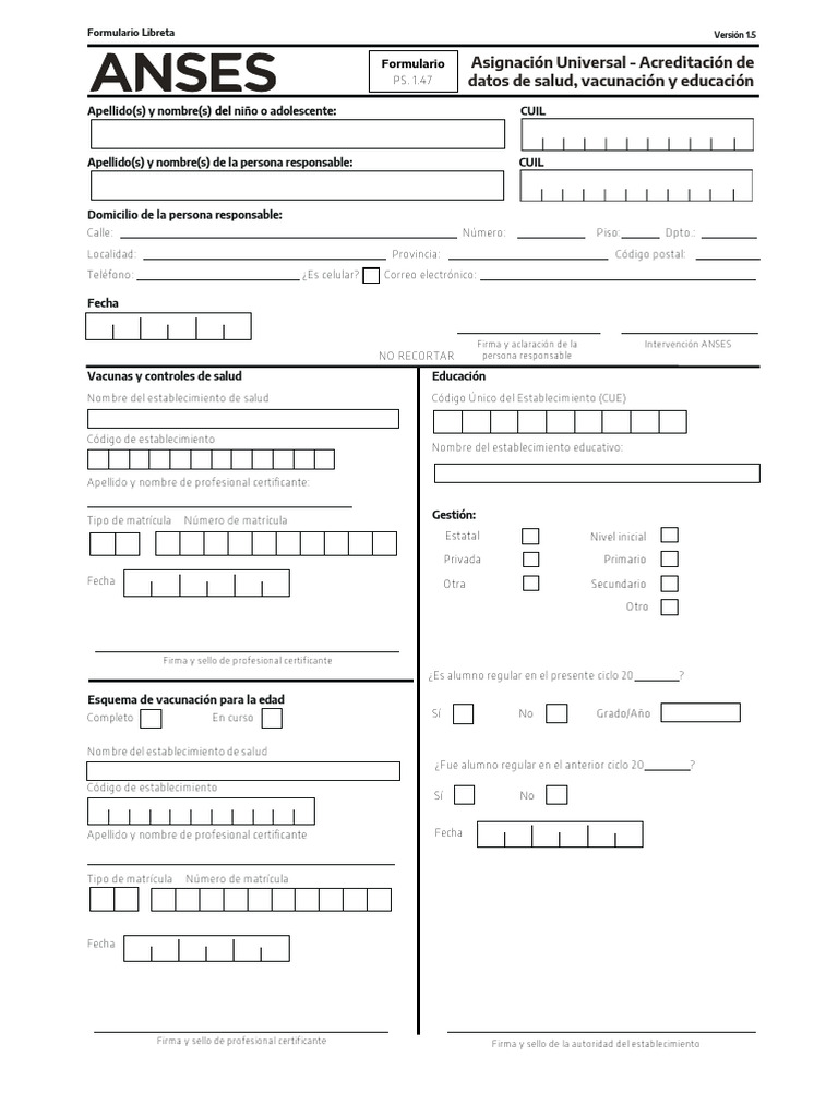 PS 1.47 Formulario Libreta | PDF | Certificado de nacimiento