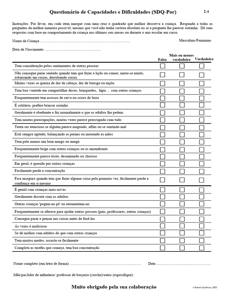 SDQ - Unilateral para Pais Ou Educadores de Crianças de 2 A 4 Anos | PDF