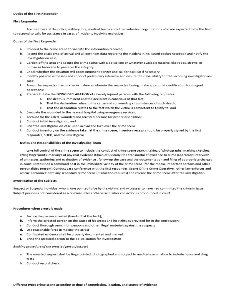 Duties of The First Responder | PDF | Crime Scene | Arrest
