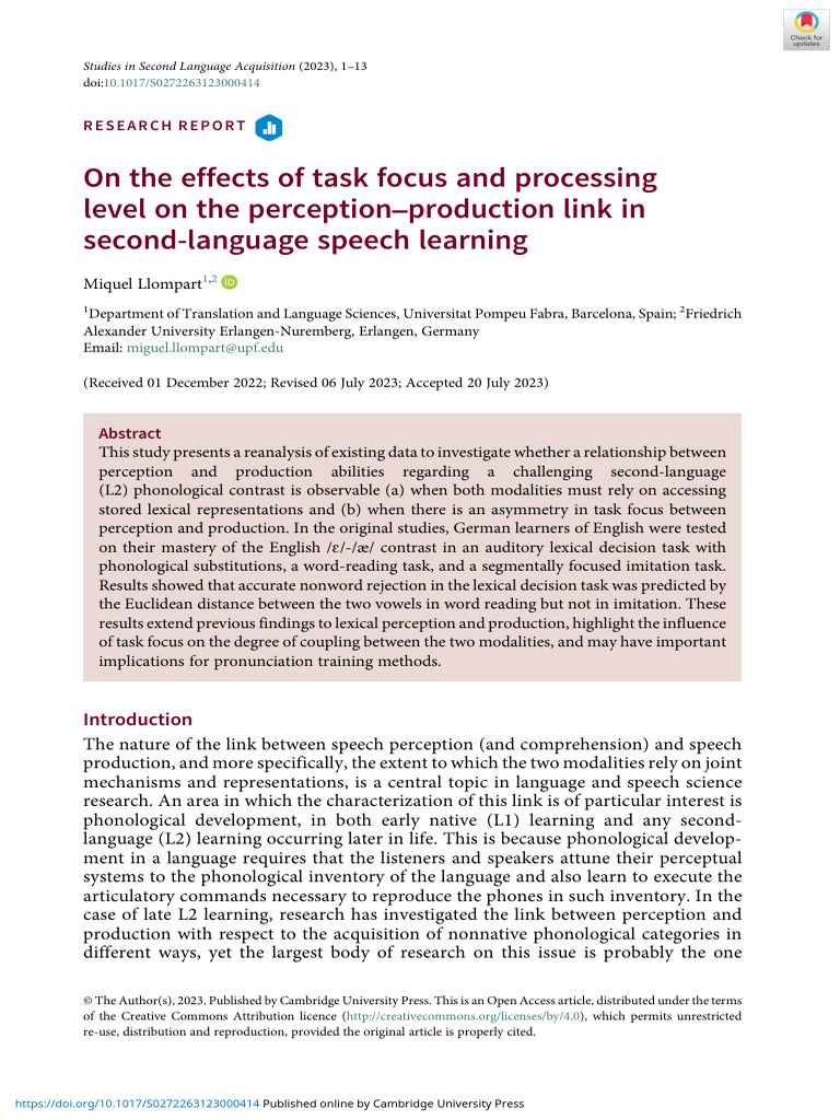 On The Effects of Task Focus and Processing Level On The Perception Production Link in Second ...