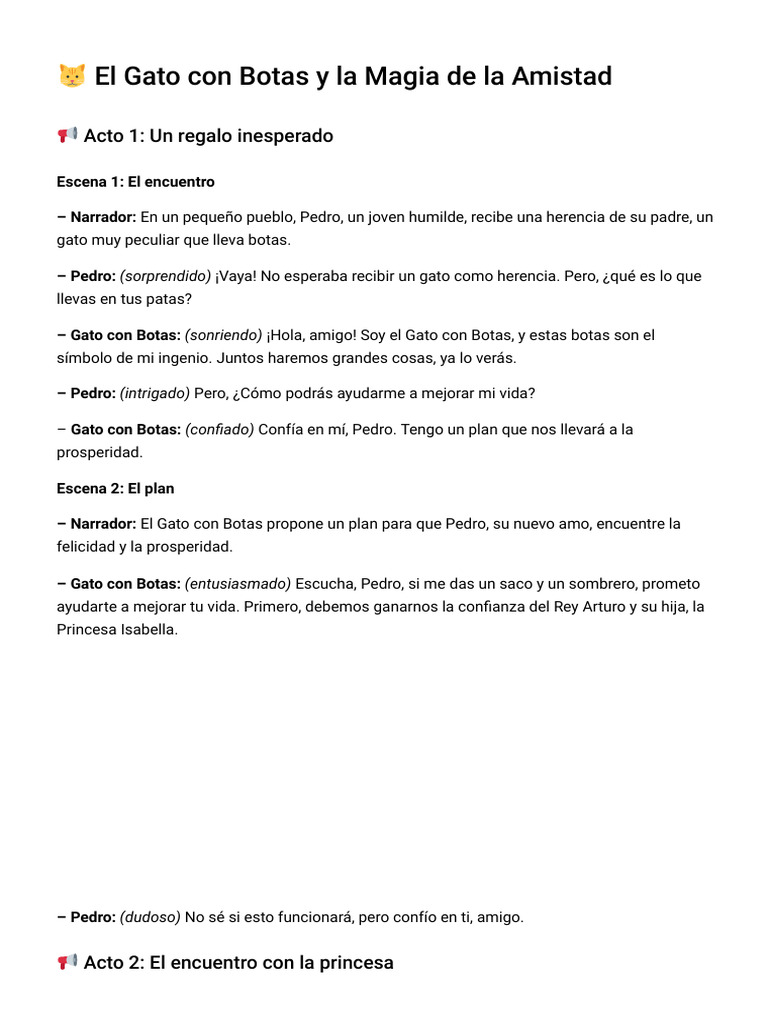 El Gato Con Botas Cuento Adaptado A Guion Teatral Corto! | PDF