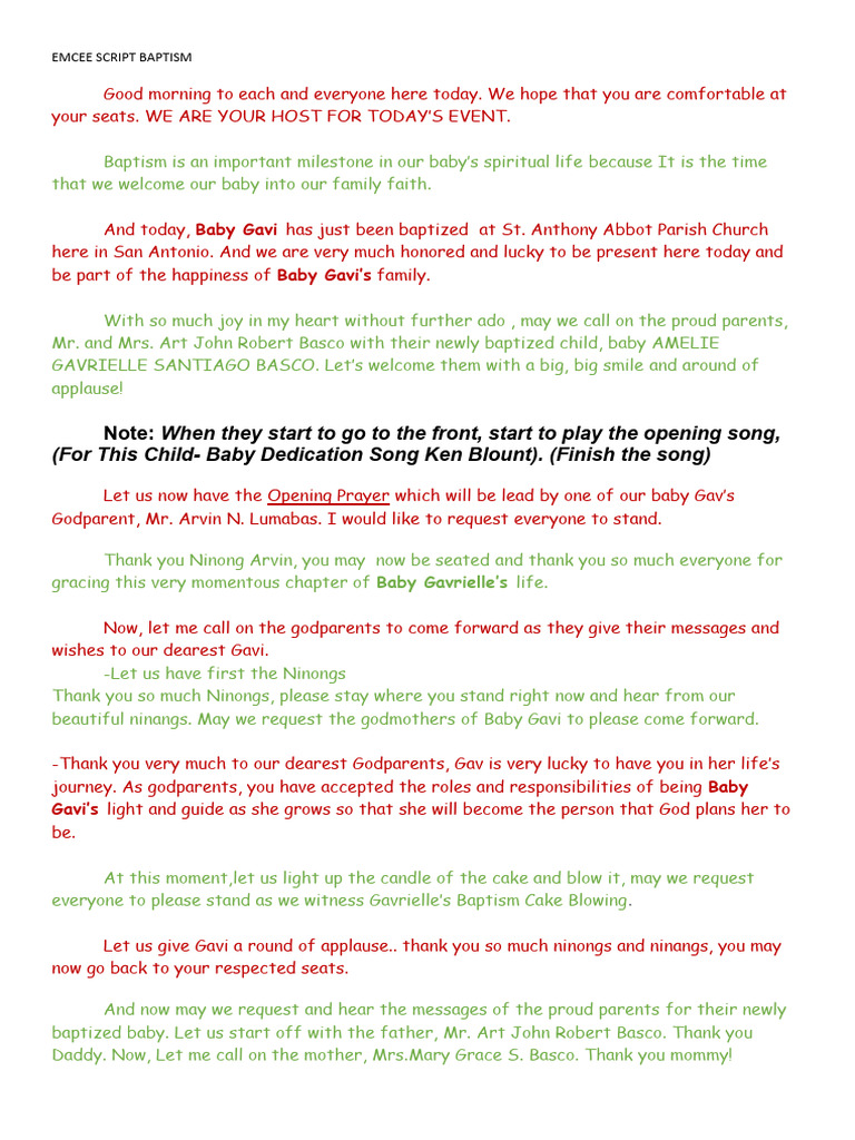 Emcee Script Baptism | PDF | Godparent | Childhood