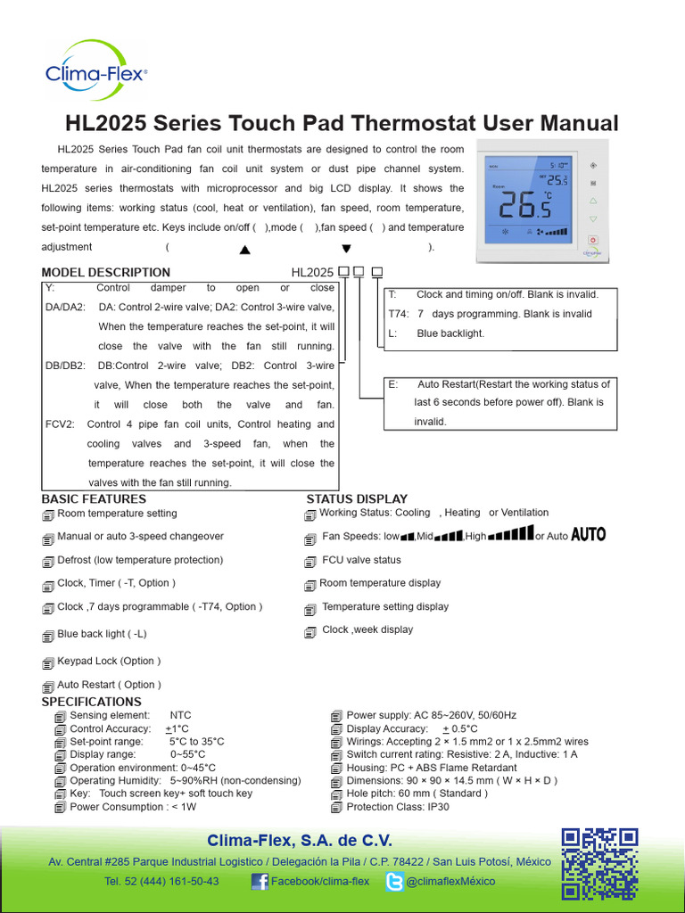 HL2025 Series Touch Pad Thermostat User Manual | PDF | Thermostat | Mechanical Engineering