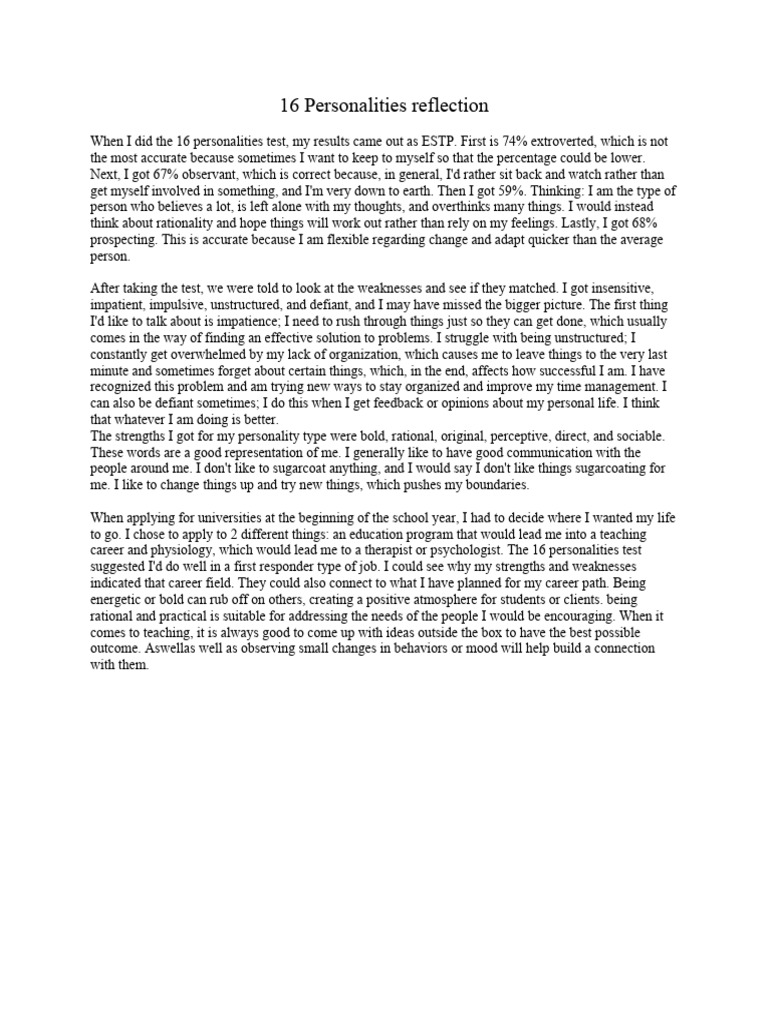 16 Personalities Reflection | PDF | Rationality | Psychological Concepts