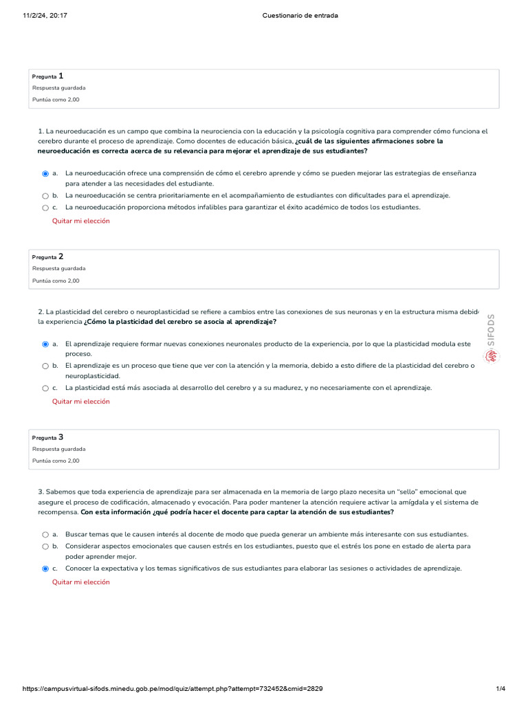 Cuestionario de entrada 2 | PDF | Aprendizaje | Neuroplasticidad