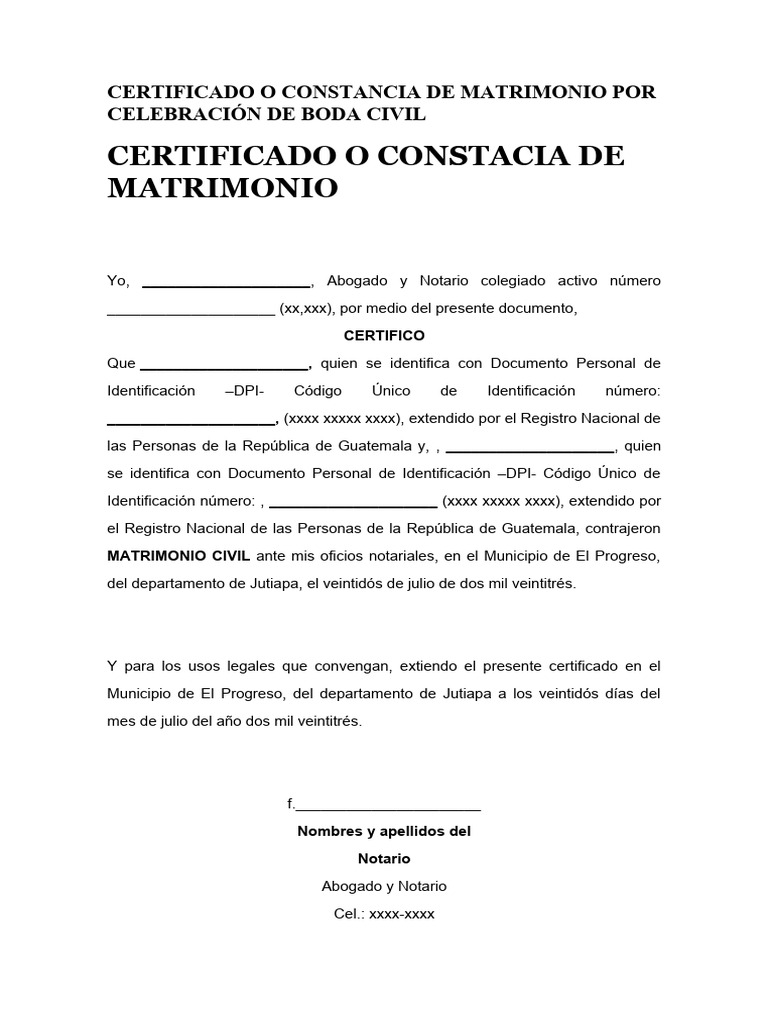 Minuta Certificado o Constancia de Matrimonio Por Celebración de Boda Civil | PDF | Ciencias ...