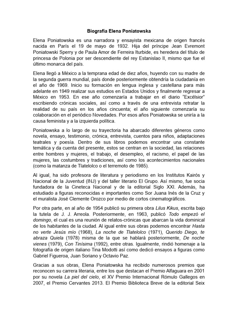 Biografía Elena Poniatowska | PDF