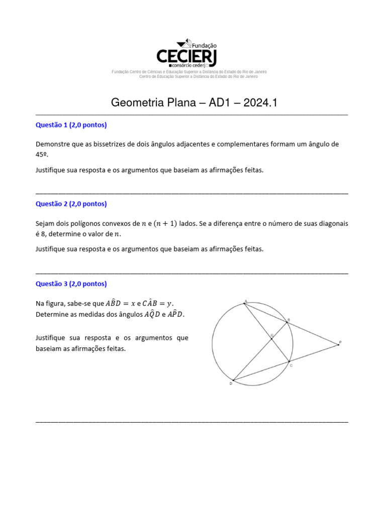 AD1 - Geometria Plana - 2024 - 1 - Questões | PDF