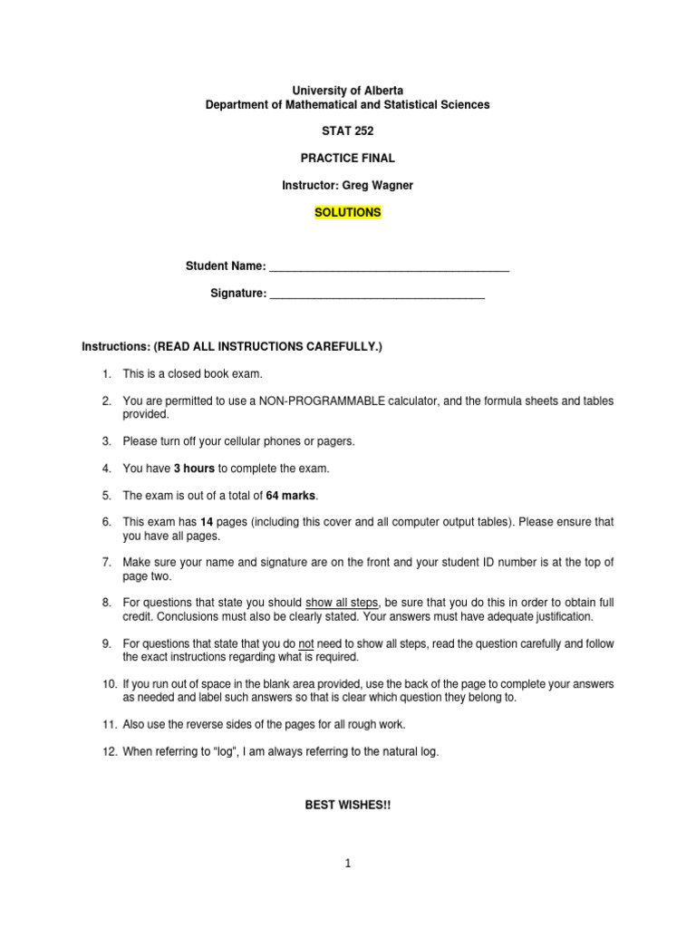 Stat 252 Practice Final Greg Solutions Pdf Errors And Residuals