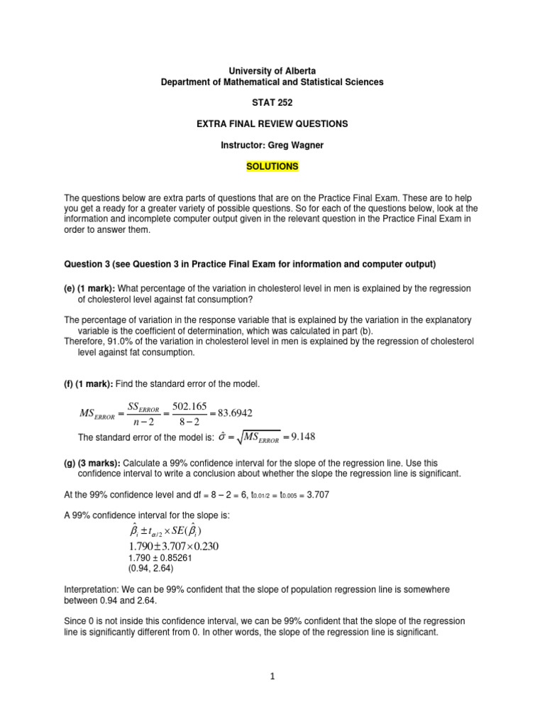 Stat 252-Extra Final Review Questions-Greg-Solutions | PDF | Dependent And Independent Variables ...