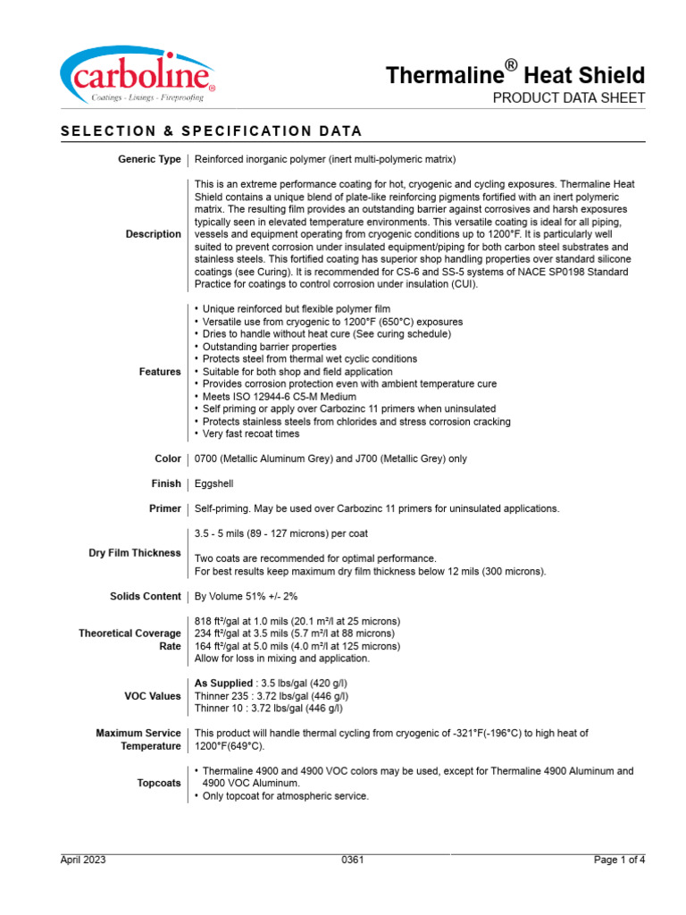 Thermaline Heat Shield PDS | PDF | Corrosion | Stainless Steel