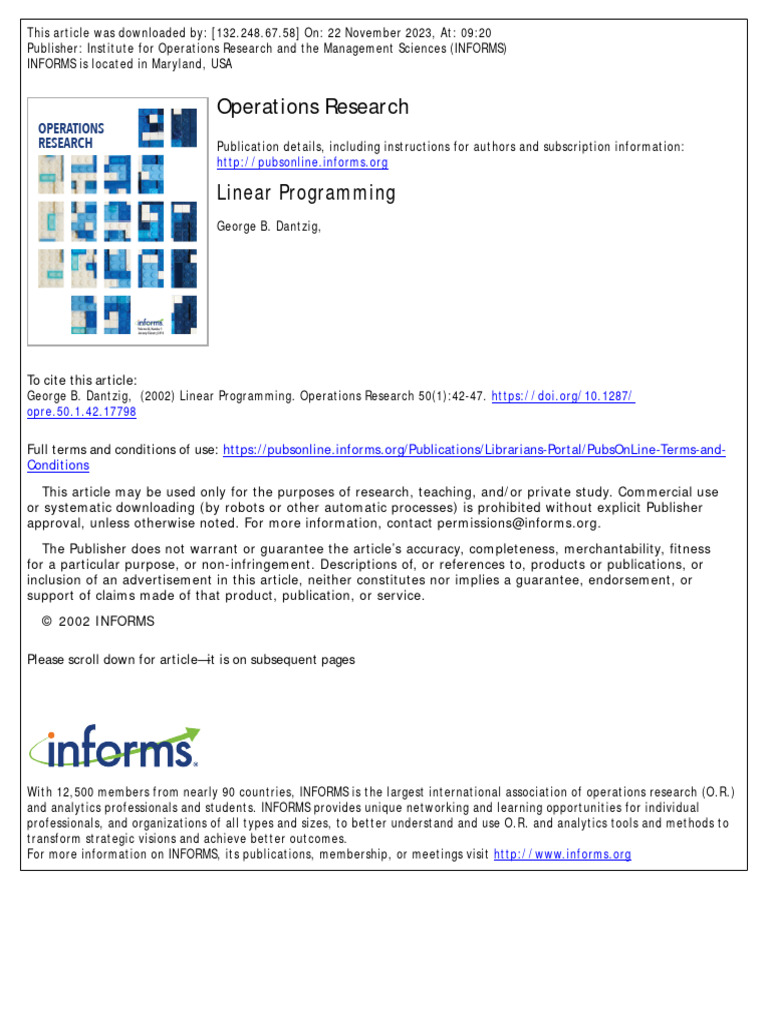 Dantzig G 2002 Linear Programming Pdf Linear Programming Mathematical Optimization