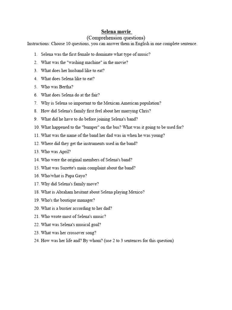 Selena Comprehension Questions | PDF