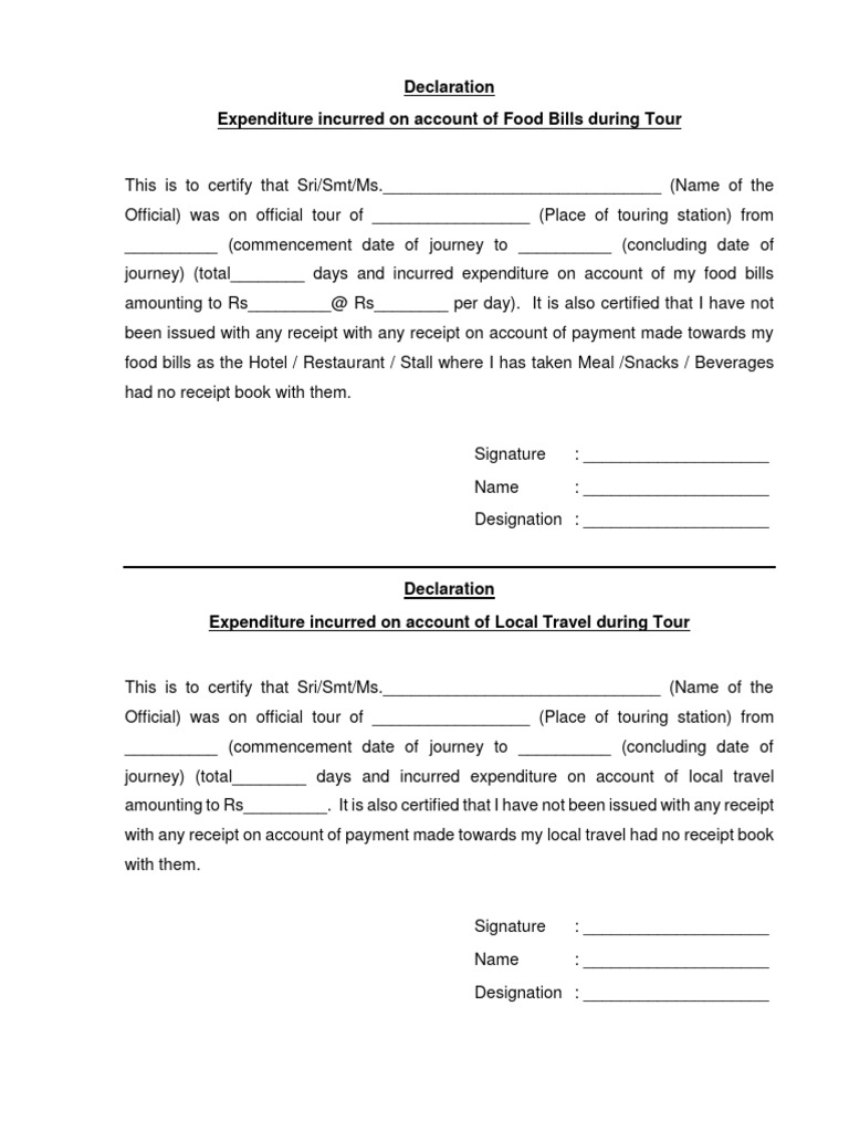 Food Bill Declaration for Official Tours | PDF