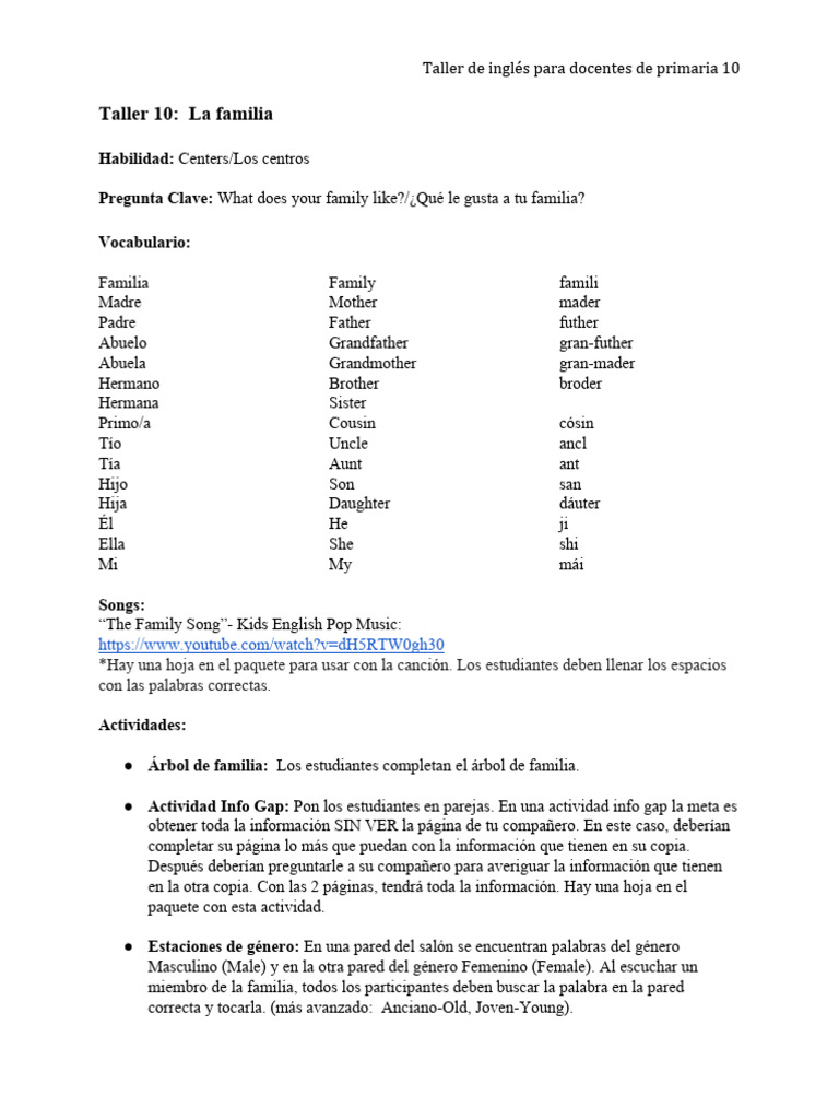 Taller de Inglés: La Familia para Docentes | PDF
