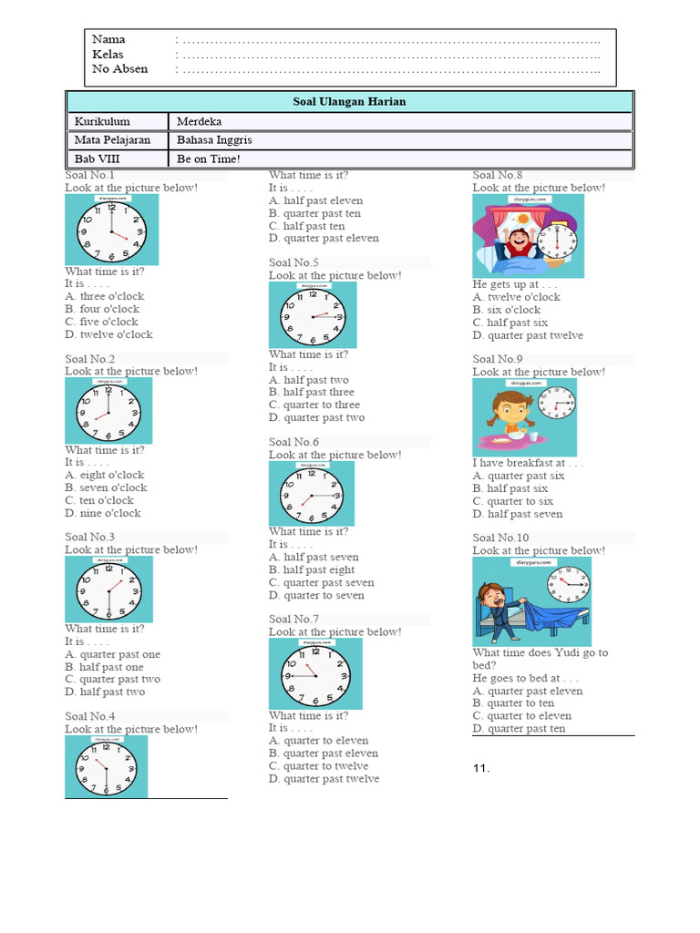 Soal Ulangan Harian TELLING TIME | PDF