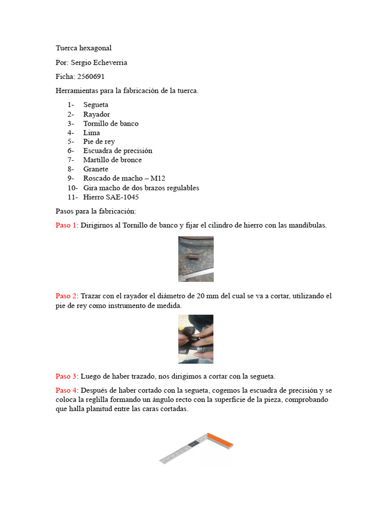Tuerca Hexagonal - Fabricacion | PDF | Tornillo | Perforar
