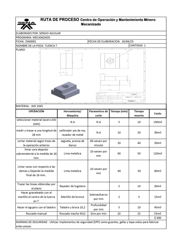 Ruta de Proceso TUERCA T | PDF | Perforar | Mecanizado