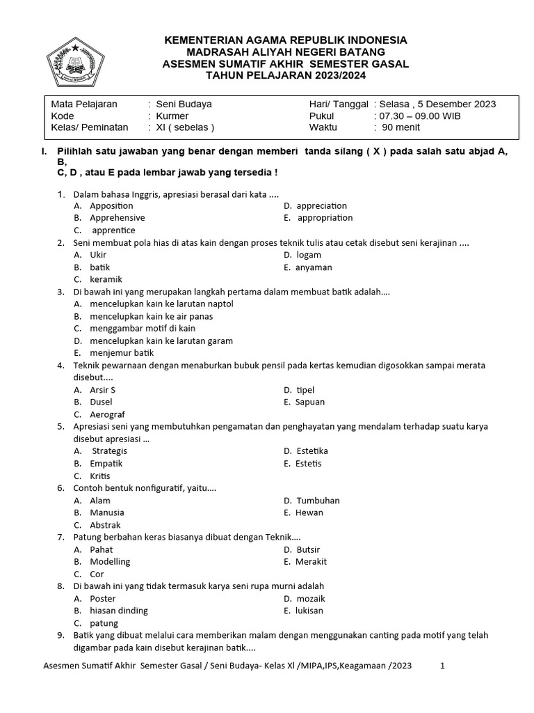 ASAS Ganjil23 - Naskah Soal Mapel - Seni Budaya - Kelas XI | PDF