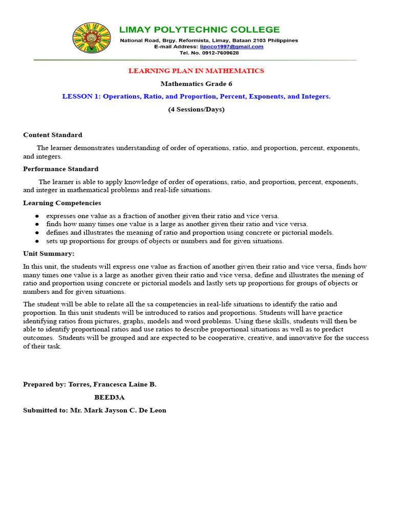Learning Plan in Mathematics 6 | PDF | Ratio | Learning