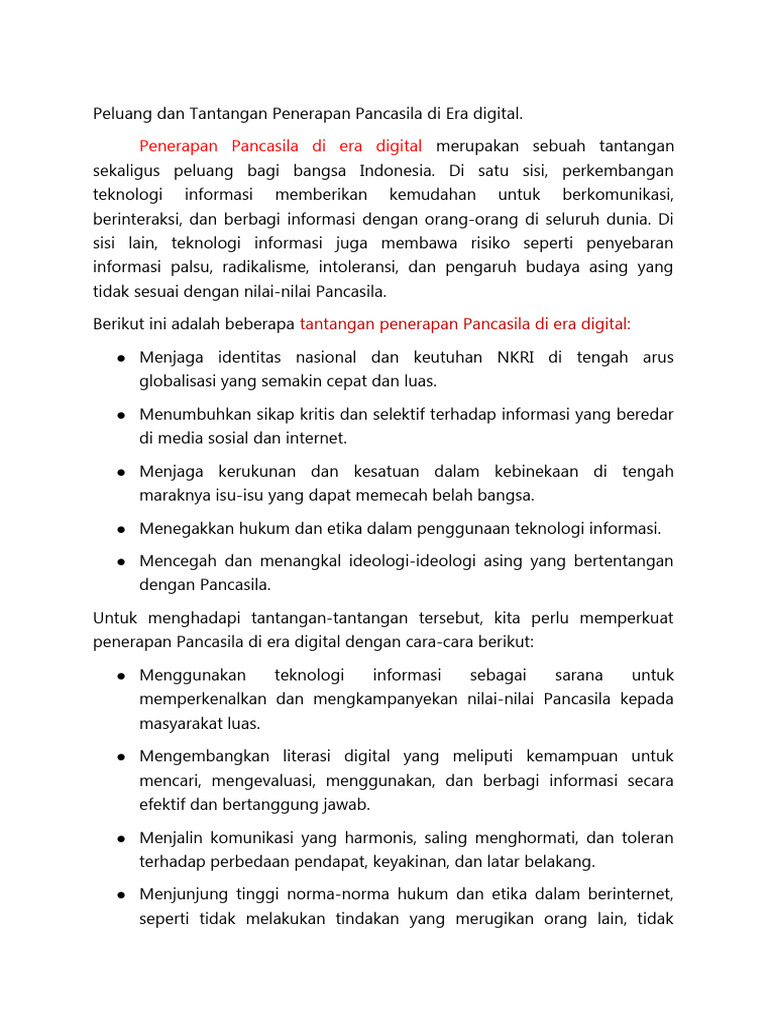 Peluang Dan Tantangan Penerapan Pancasila Di Era Digital | PDF