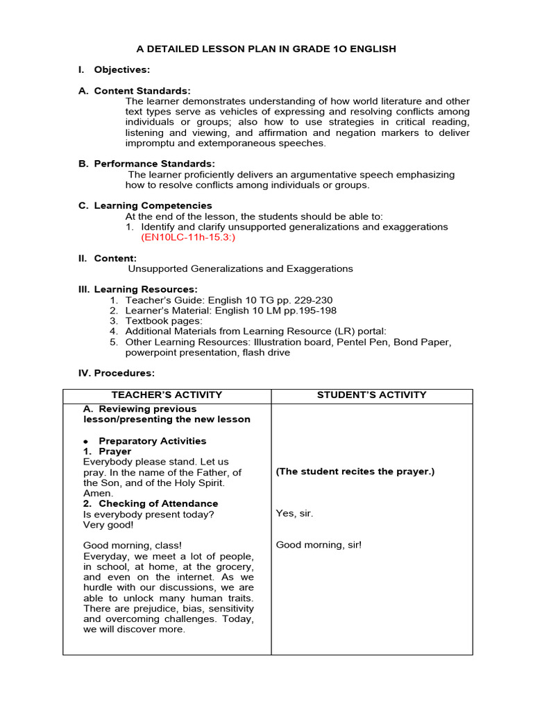 Sample Lesson Plan in English Using The | PDF | Prayer | Lesson Plan